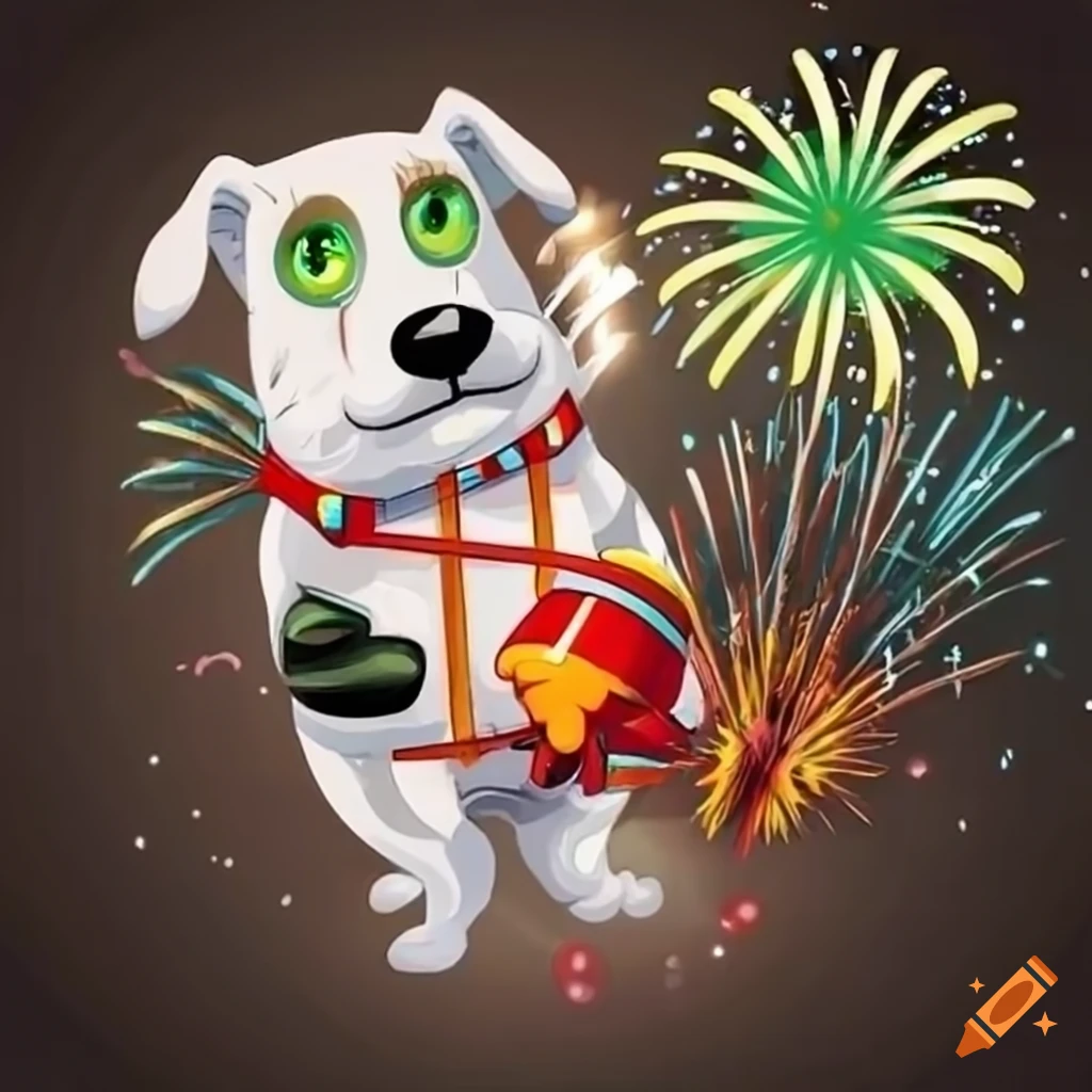 A whimsical white dog mascot with green eyes in a rocketship with ...