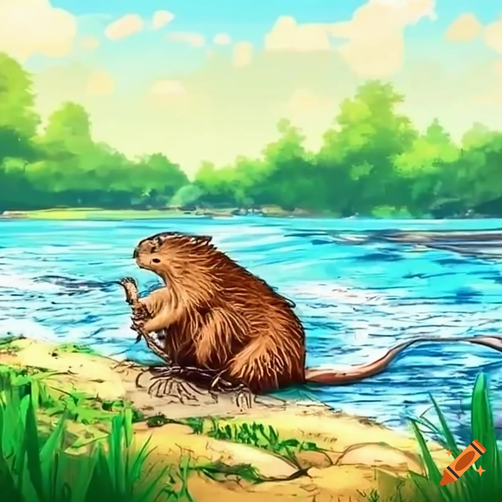 Two busy beavers constructing a dam in the flowing river