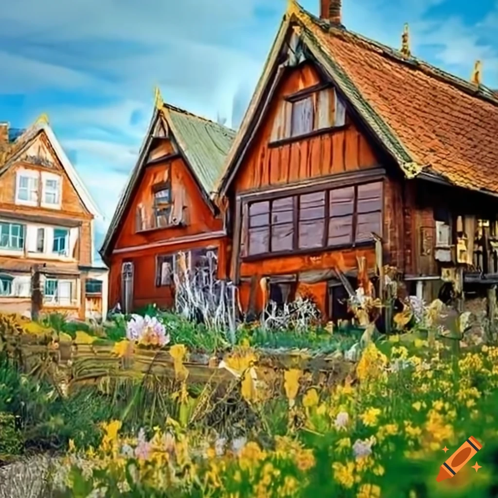 Flower-filled viking town with a picturesque townhouse in the foreground