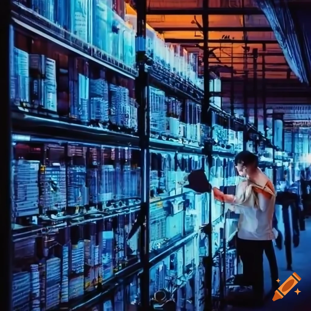 People sorting and organizing technology on shelf within a factory ...