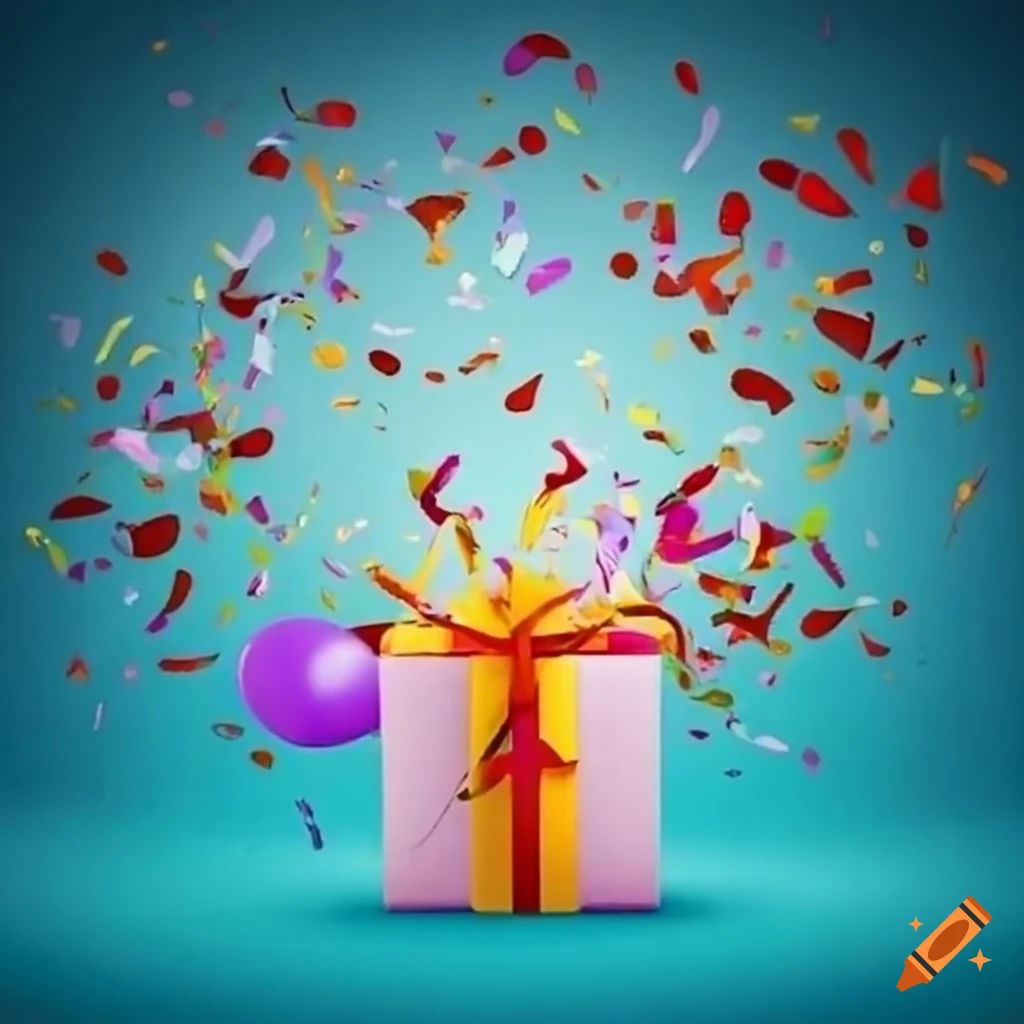 Surprise package exploding with confetti and balloons around