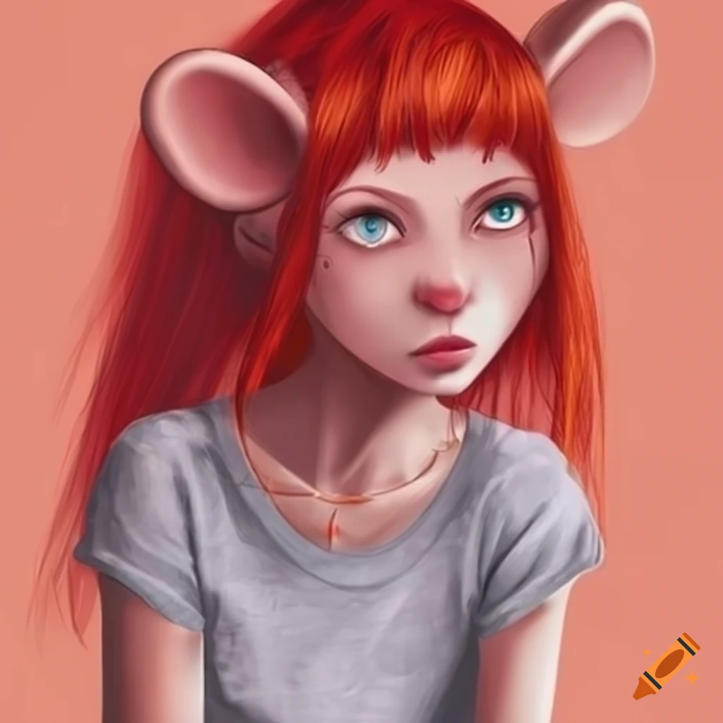 A mouse girl human with red hair in tshirt on Craiyon