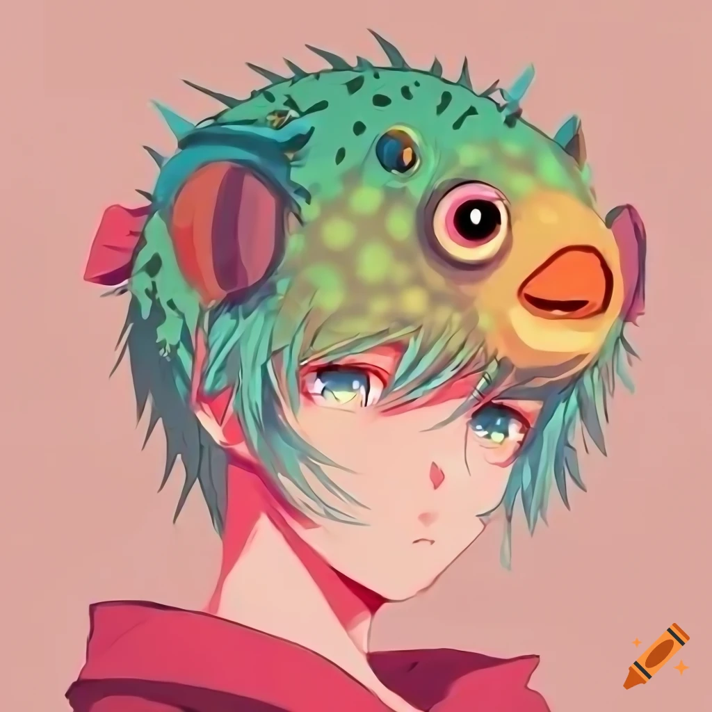 Anime-style profile picture of someone wearing a cute pufferfish head ...