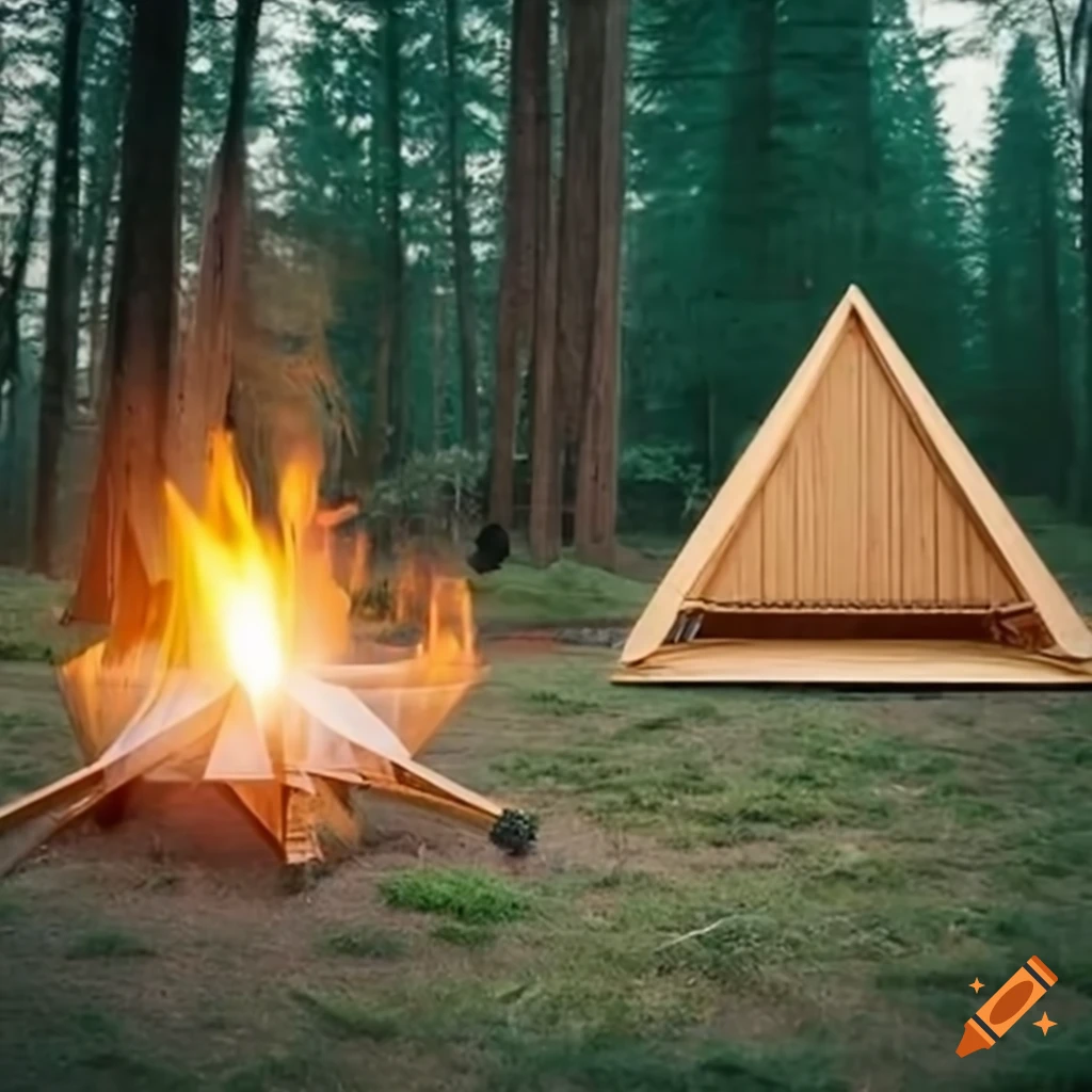 Triangular wooden glamping modules placed around a campfire in a green ...