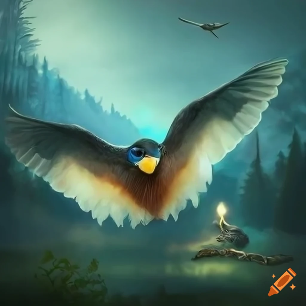 A stunning, hyper-realistic cute fantasy bird soaring through a ...