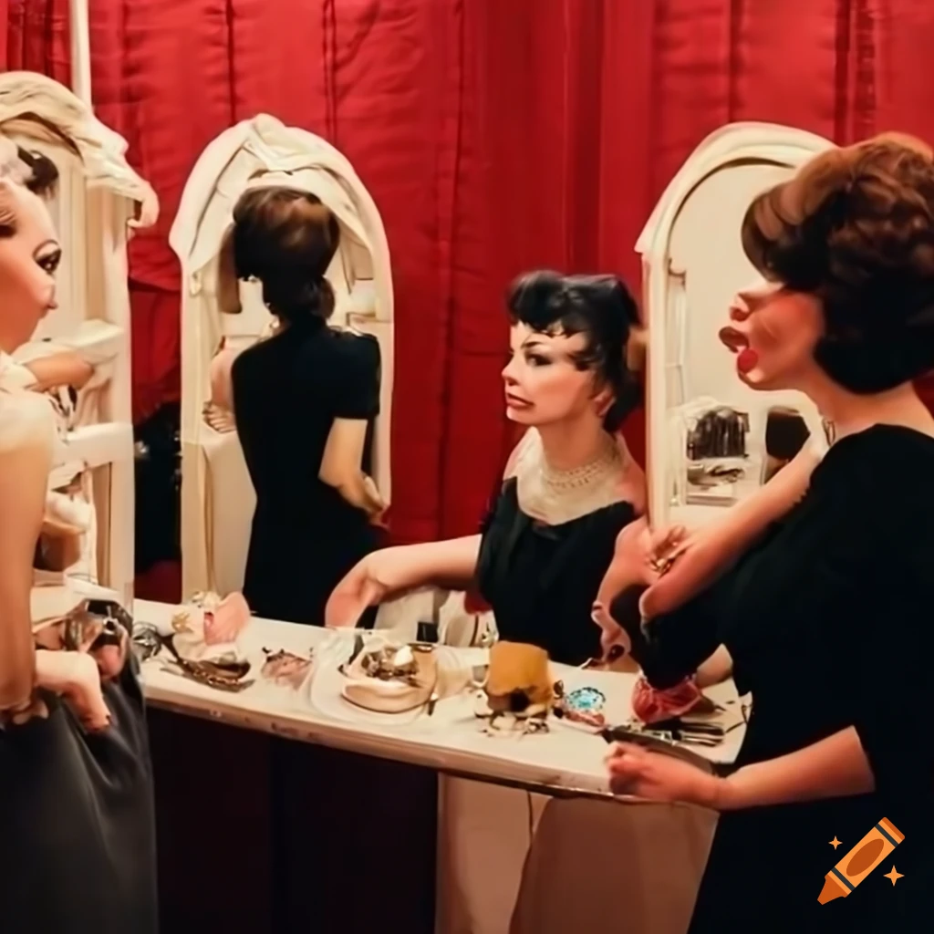A group of retro vintage women getting ready in a backstage theatre ...