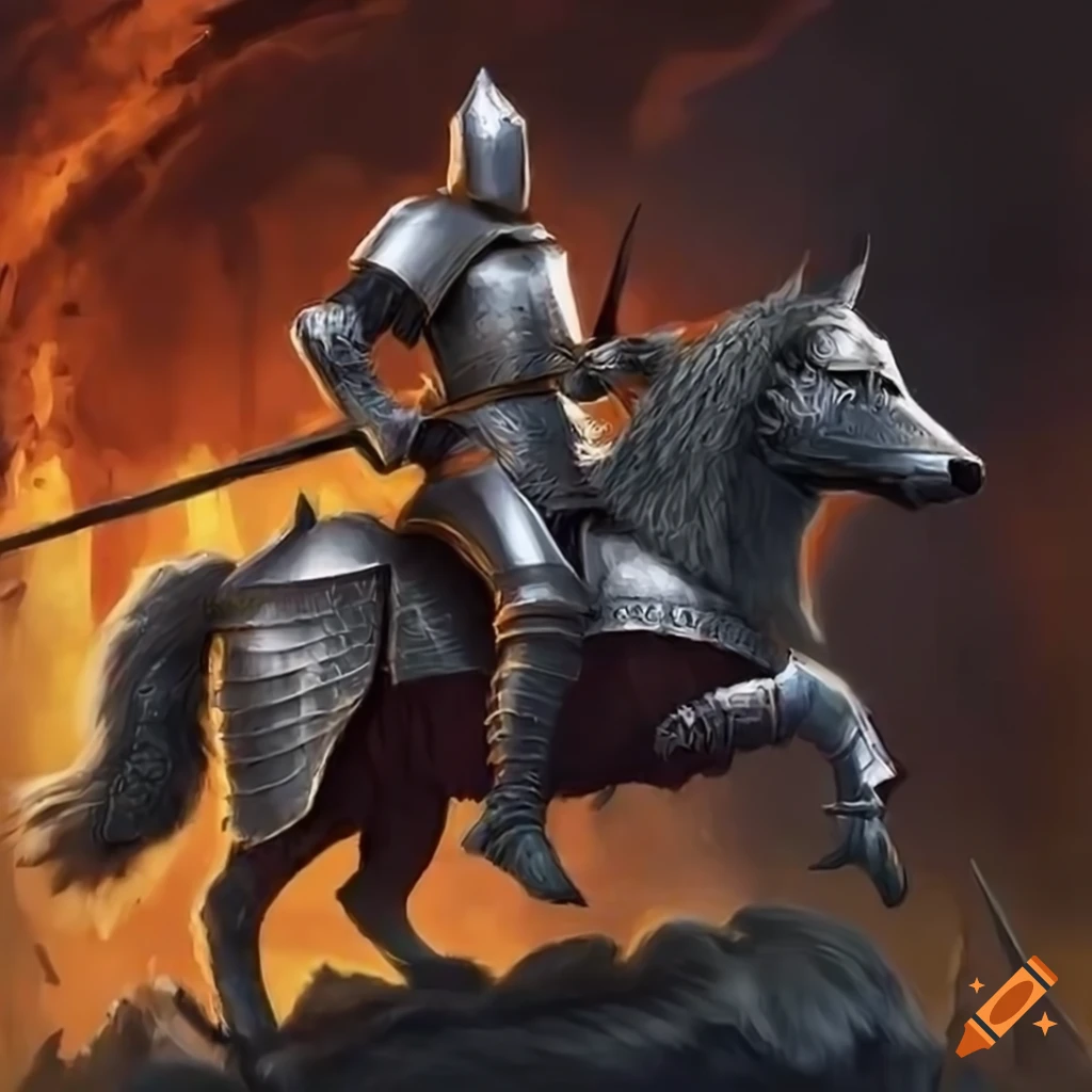 A knight in armor riding a gray wolf