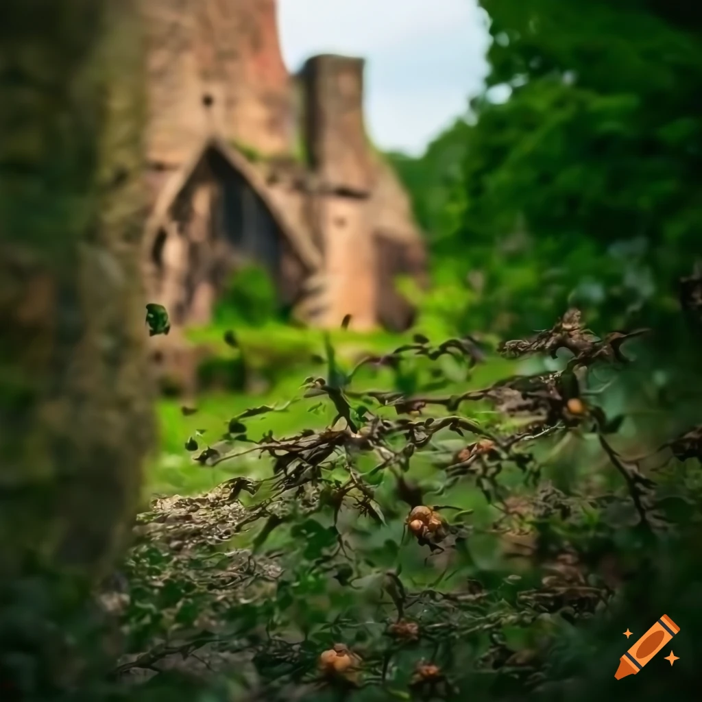 Brambles with blackberries, bushes, rocks, medieval manor house ruins ...