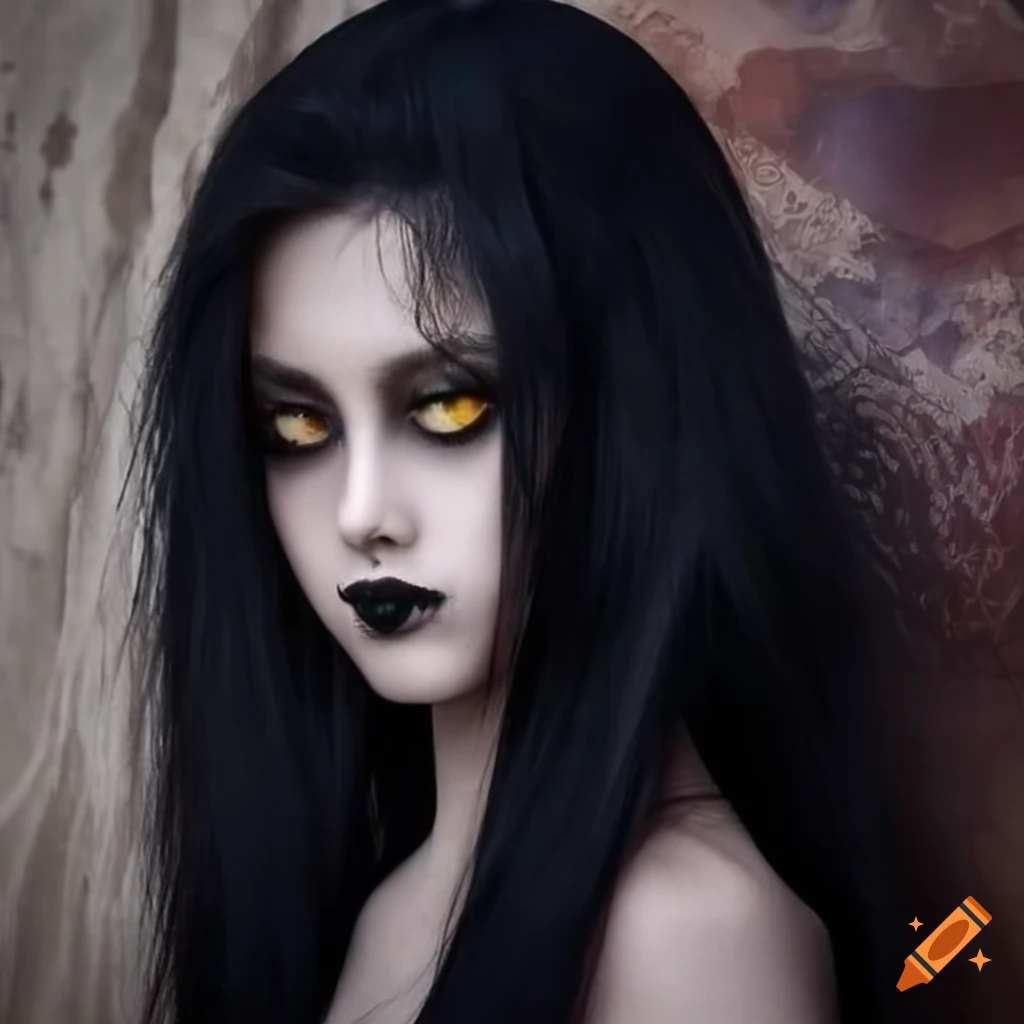 A young demon lady with fair skin, long black hair, dark eyes wearing a ...