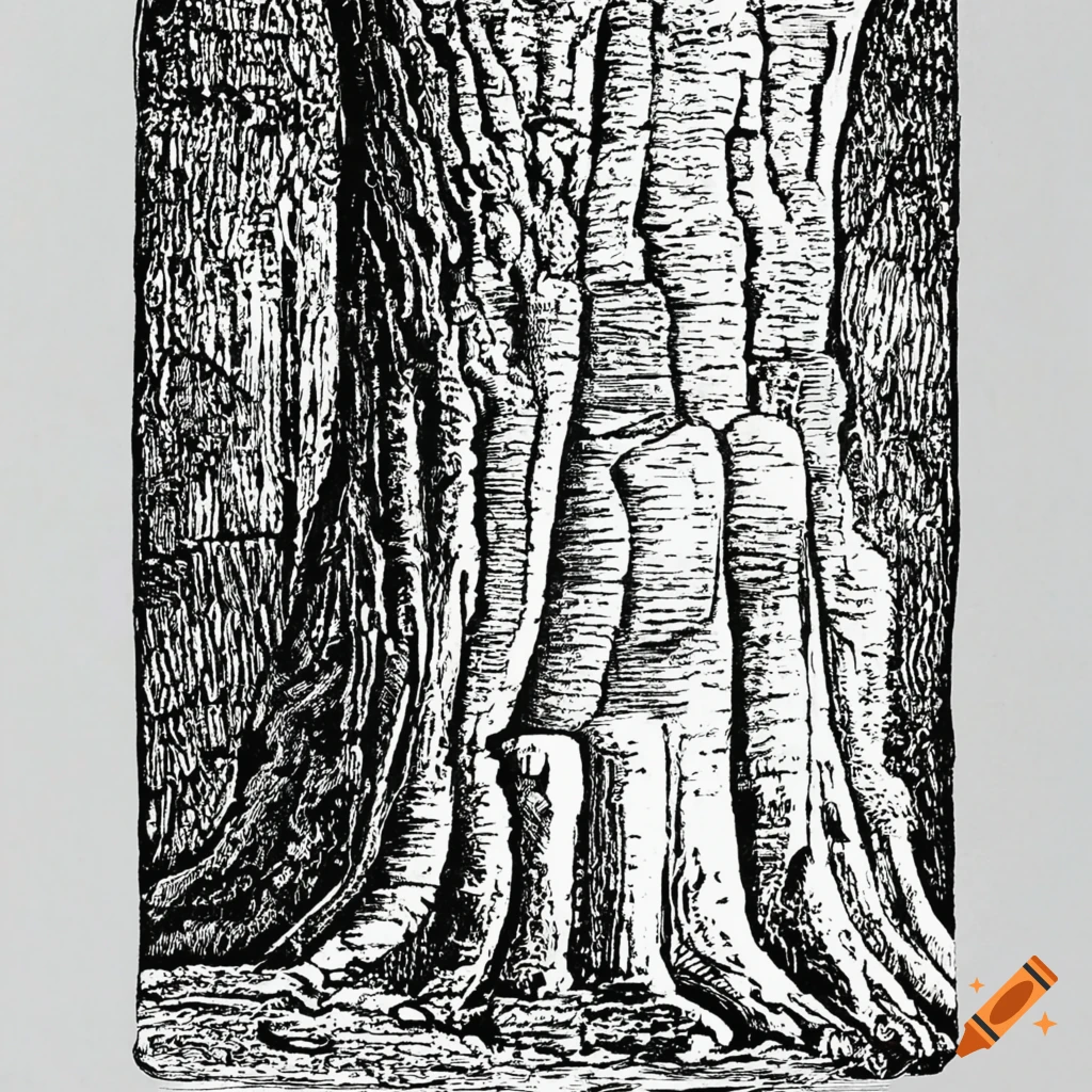 White engraving depicting a huge tree trunks on Craiyon