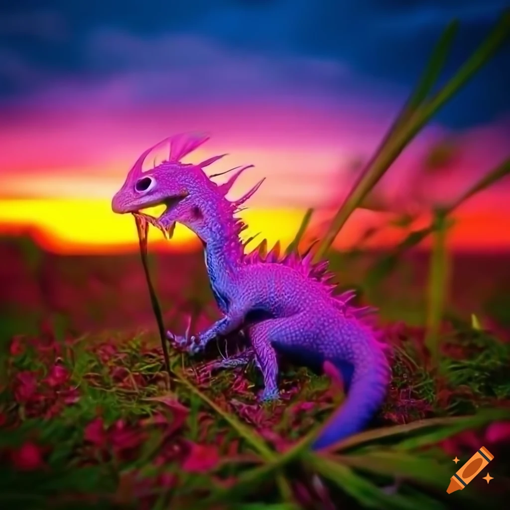 Scientific photography of a cute purple dragon in a meadow of ...