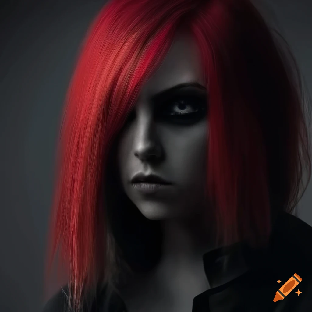 Rocker woman with black shadows on grey eyes and dark red hair and dark ...