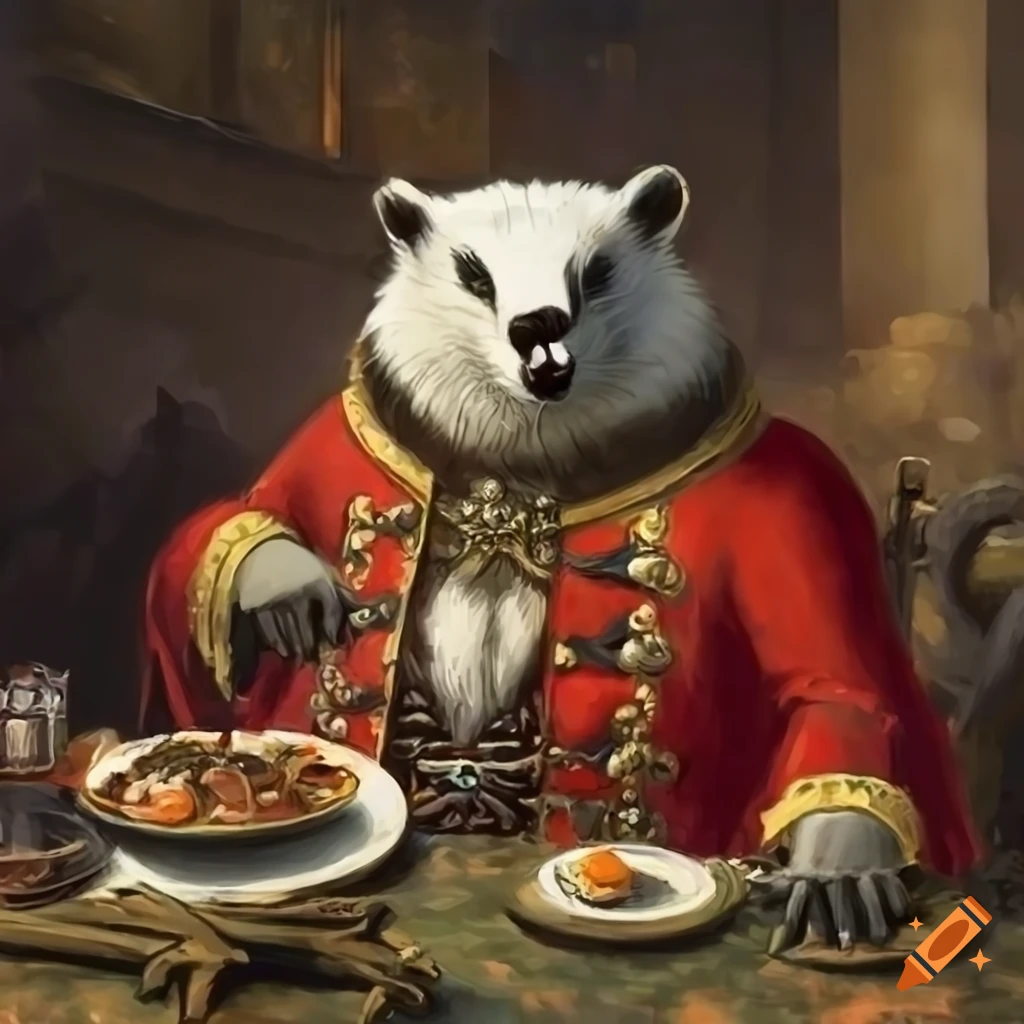 A fat bloated gluttonous anthro badger king wearing a royal coat with ...
