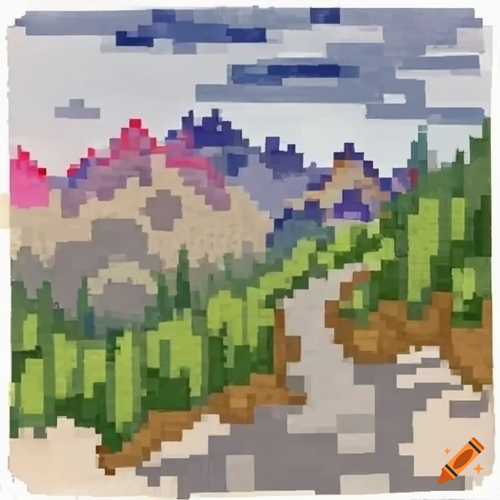 Pixelated mountain path on Craiyon