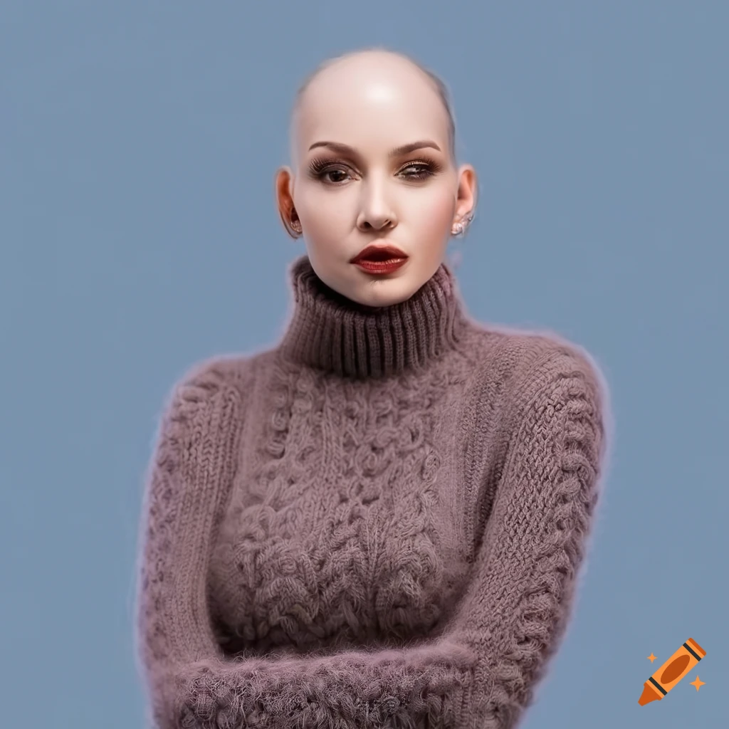 Young bald woman posing in a mohair cableknit turtleneck sweater on Craiyon