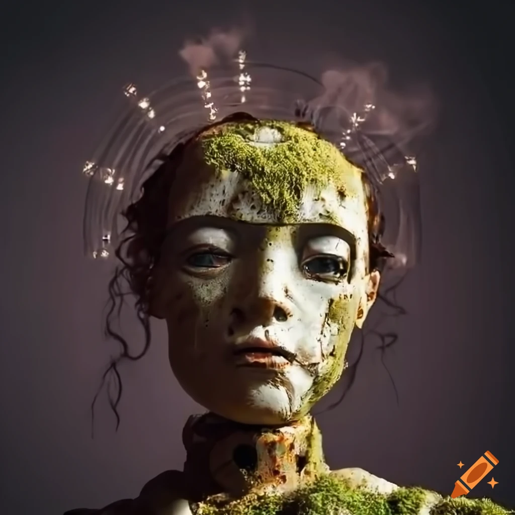 A humanoid rusty female android robot as a virgen del carmen, andean ...