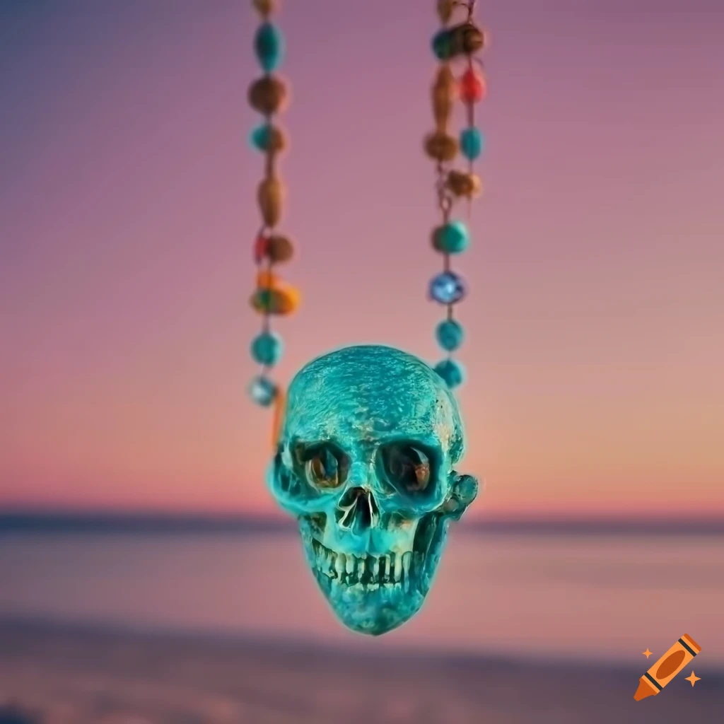 Skull made of turquoise, hanging from beaded strings, beach with palm ...