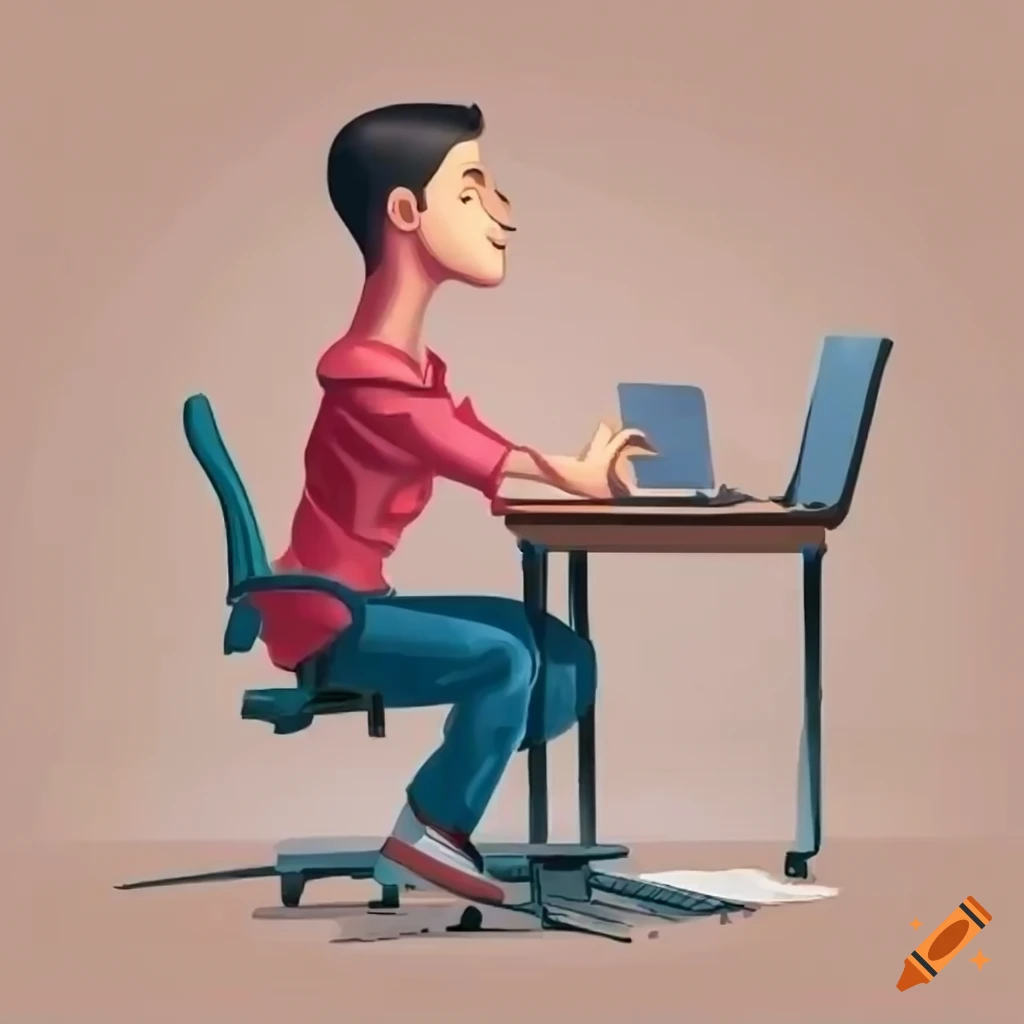 Young man siting on a chair and doing work from home cartoon, only side ...