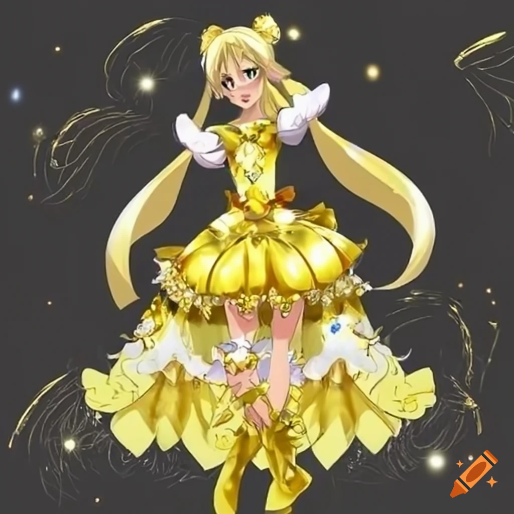 Yellow and gold pretty cure with a vibrant, shimmering dress with ...