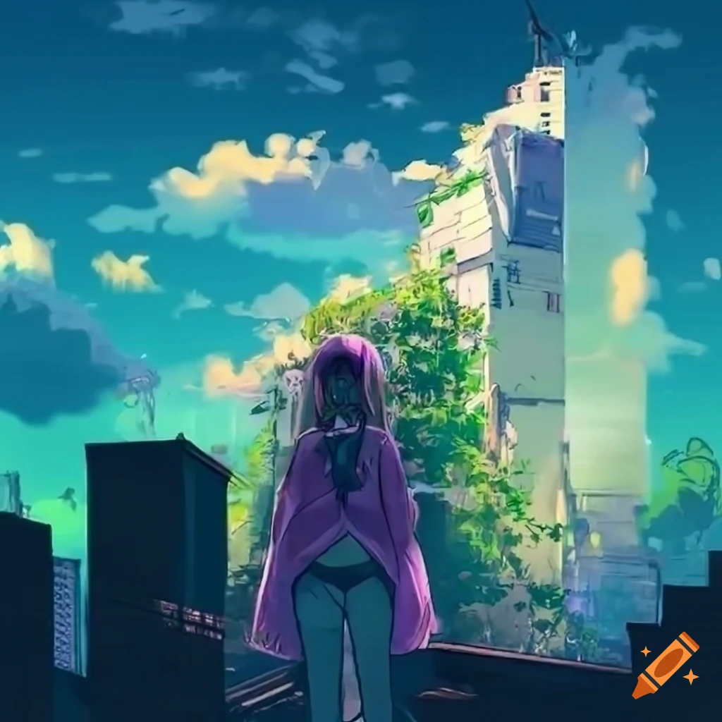 A girl in stands on top of a collapsed and overgrown skyscraper. She ...