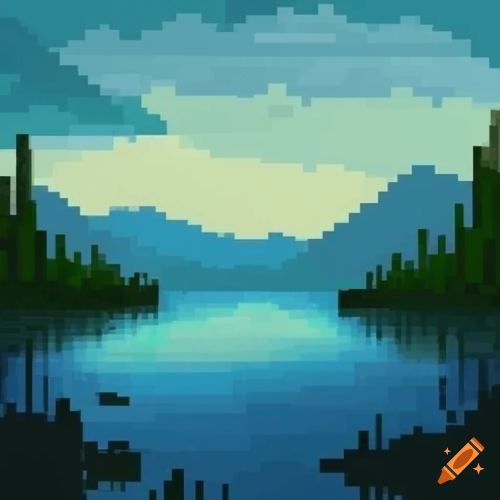 A serene pixel art landscape with mountains and a lake