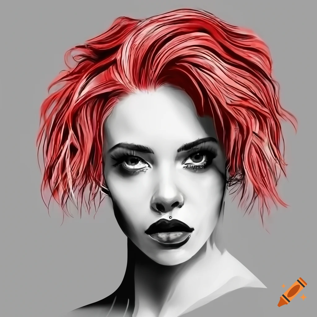 Elegant woman with selectively colored red hair in black and white ...