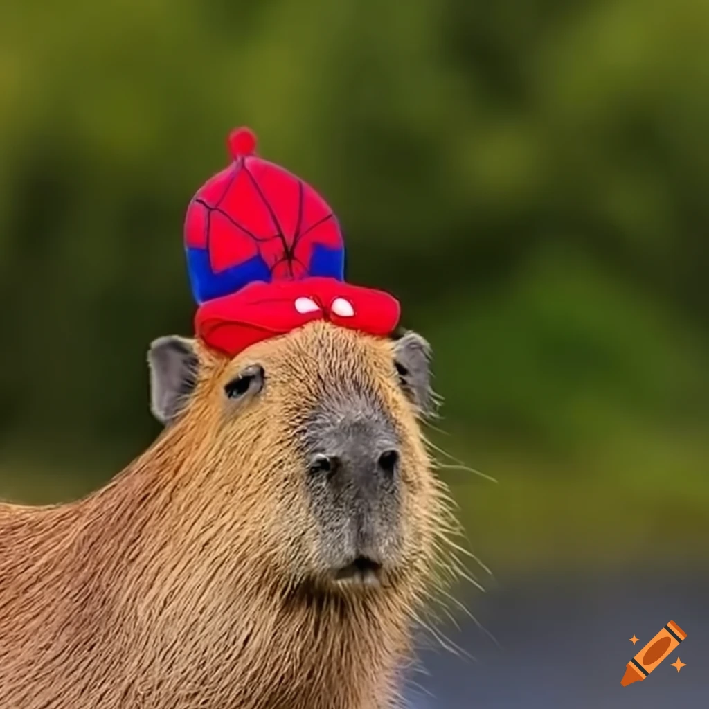 A friendly capybara wearing a spider-man hat