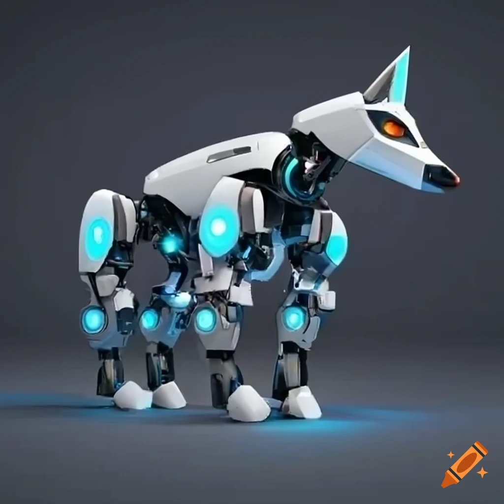 A futuristic fox-inspired robot with mechanical limbs and glowing eyes ...