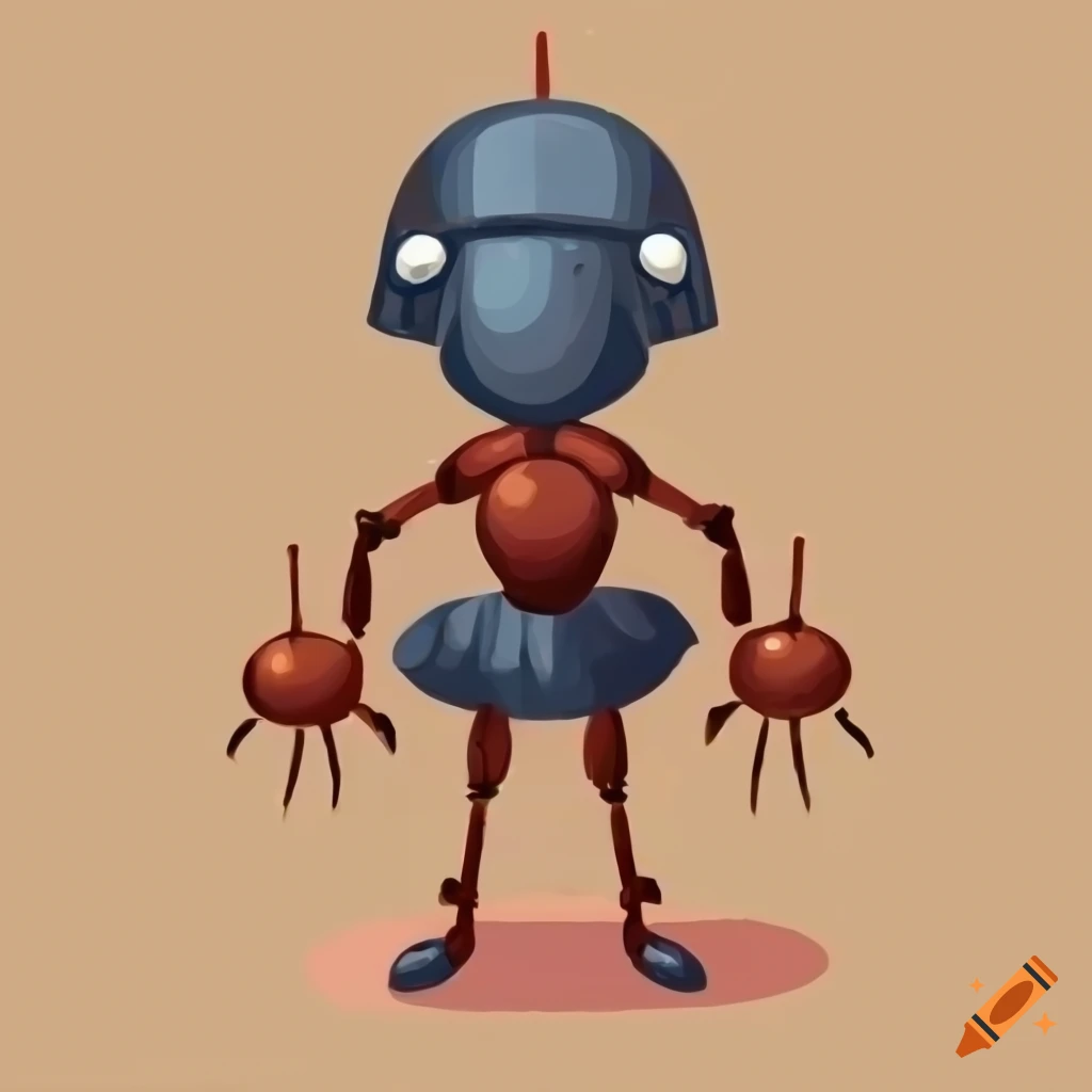 Ant soldier with a helmet, sky background, cartoon style