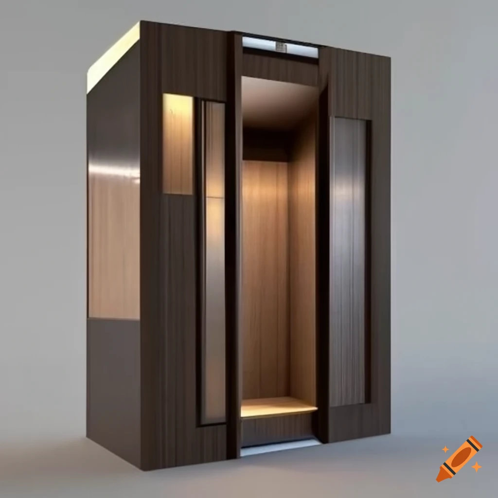 3d elevator cabin made of wood in dark color