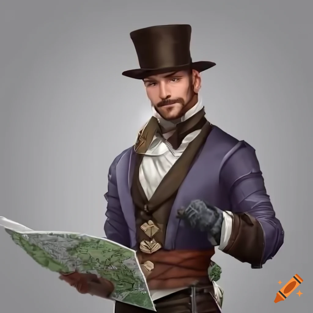 Handsome dnd male artificer, wearing Victorian top-hat, holding a map ...