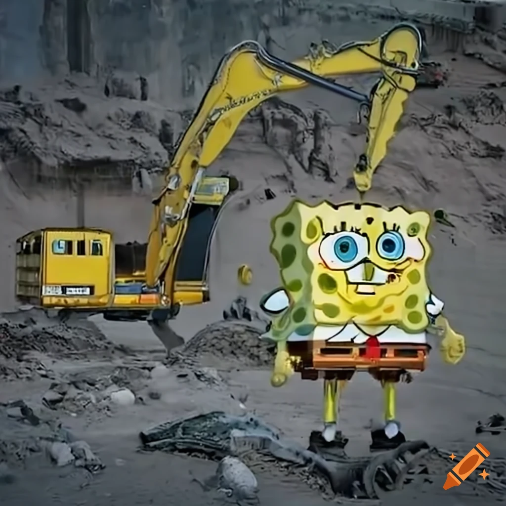 Spongebob operating an excavator hydraulics on Craiyon