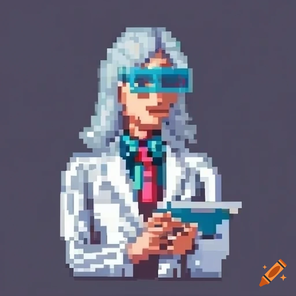 Pixel art of scientist in white lab coat taking notes on Craiyon