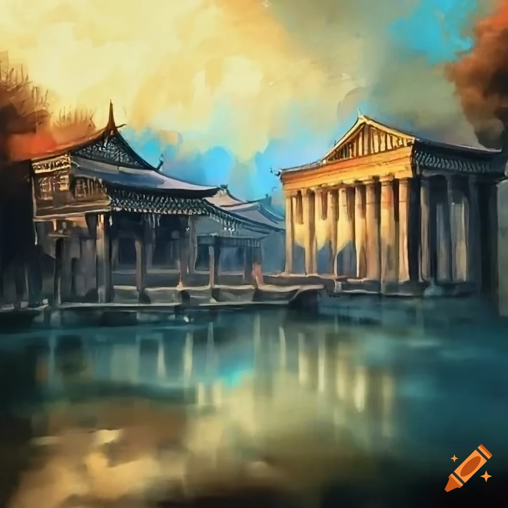 Water color painting of an ancient roman city with japanese features on ...