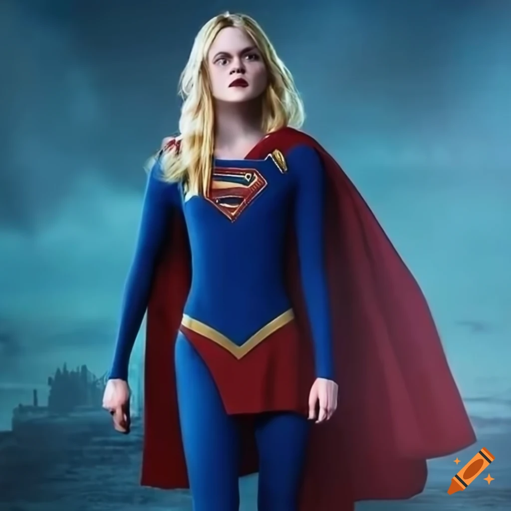 Elle Fanning, actress, dressed in Supergirl costume, posing for the camera on Craiyon