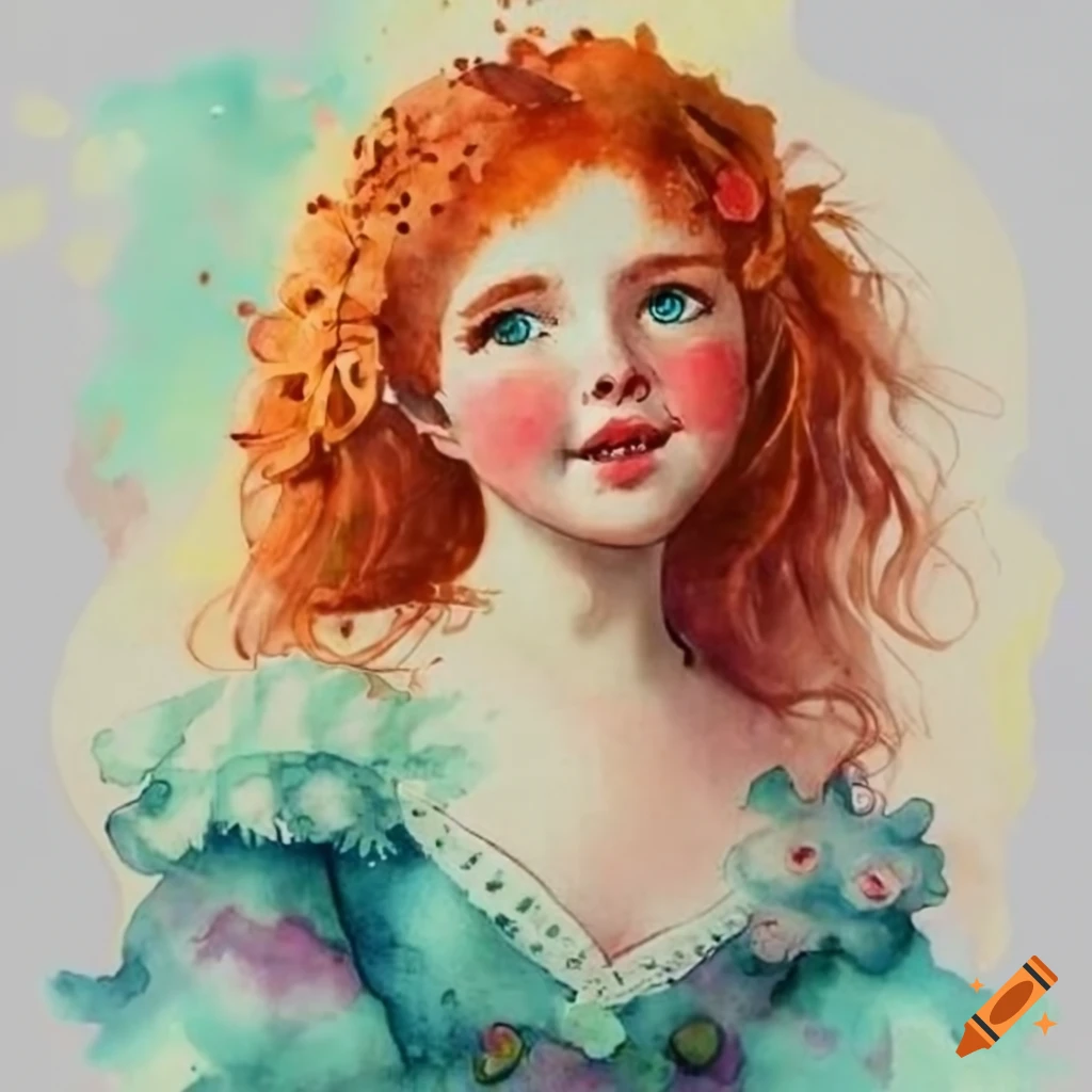 Watercolor vintage day dreamer clipart red haired girl smiling png ...
