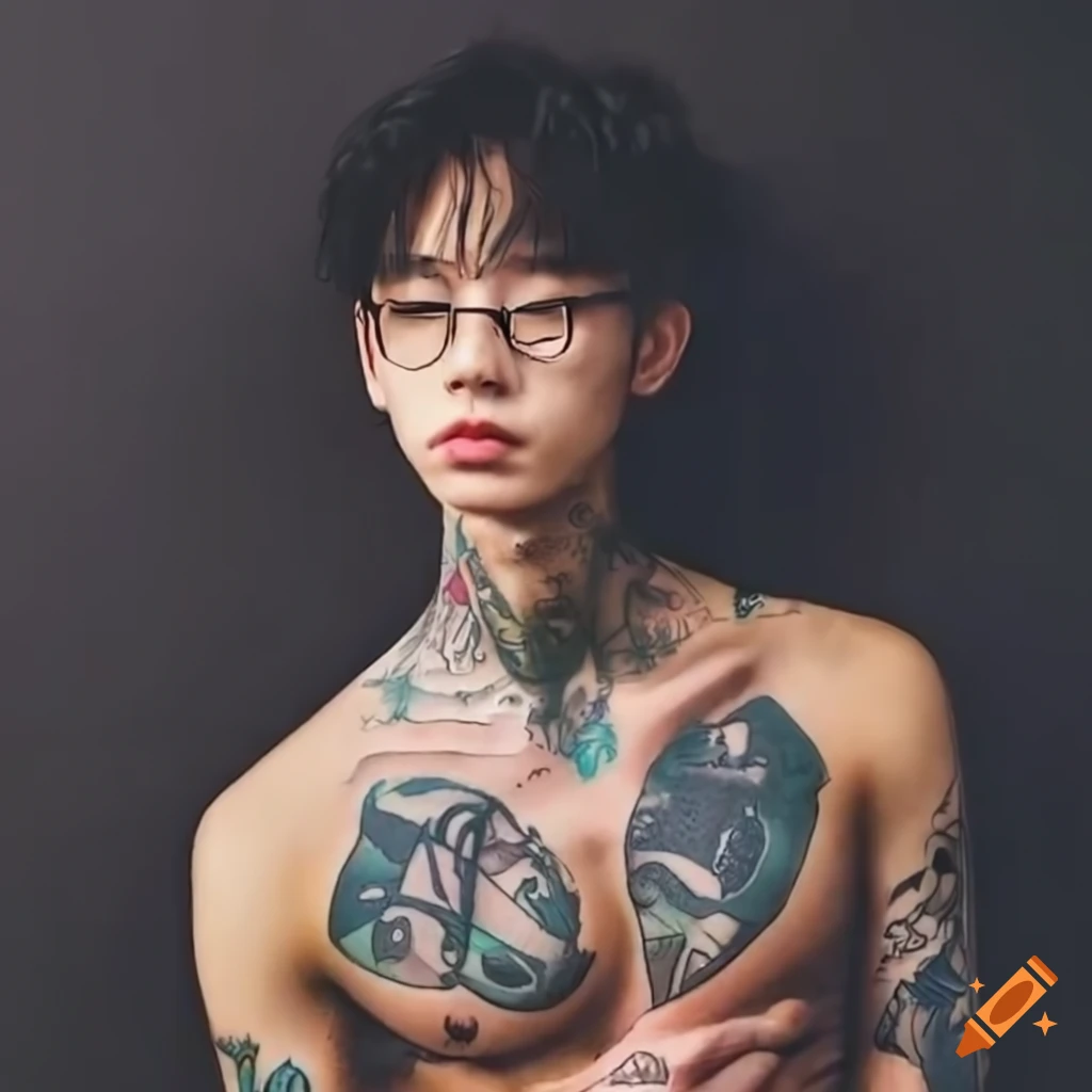 Samuel Seo from Lookism : tattoos everywhere, slender, rectangular glasses, attoos consisting of ...