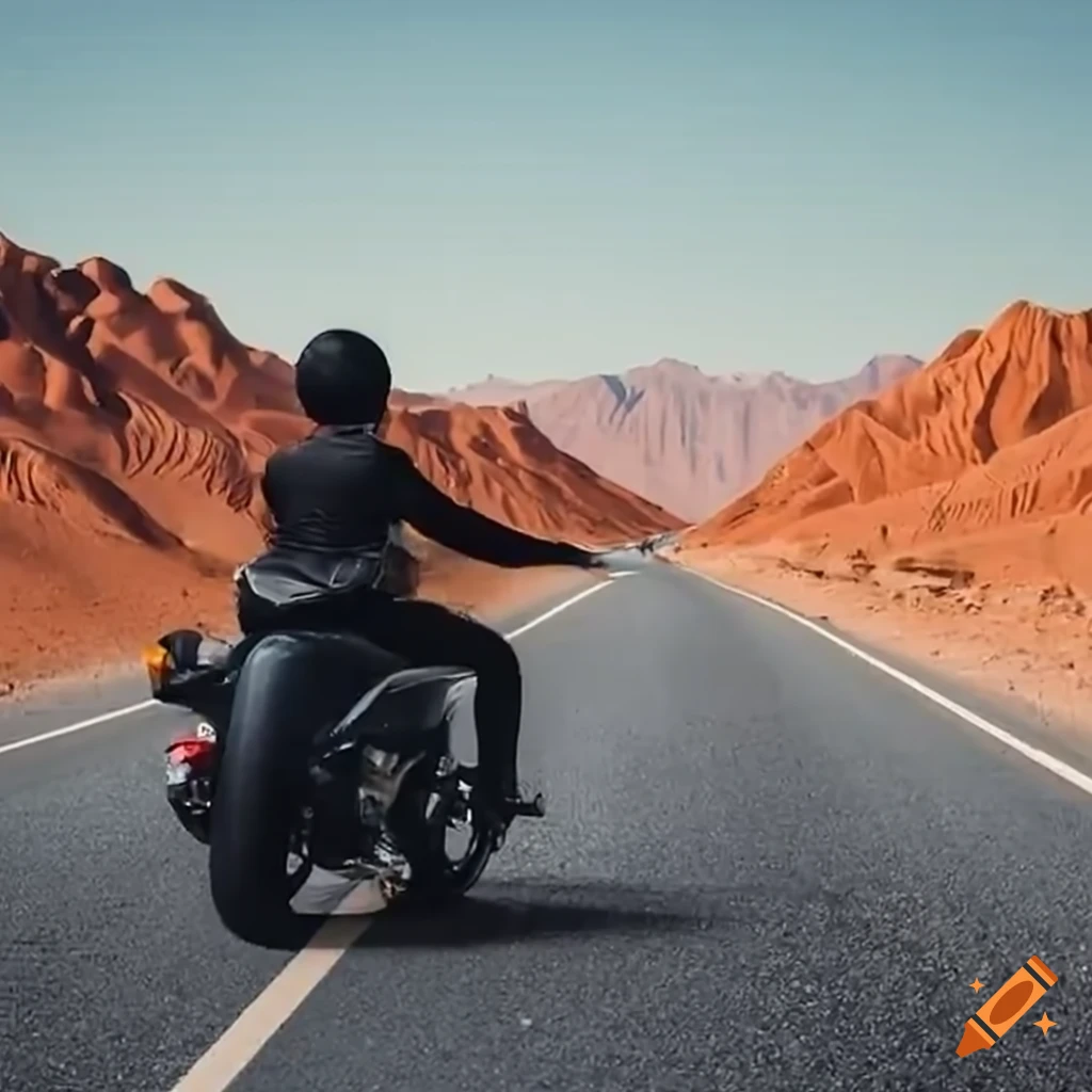 Rear view of motorcycle leaning very sharply into left lane of desert road