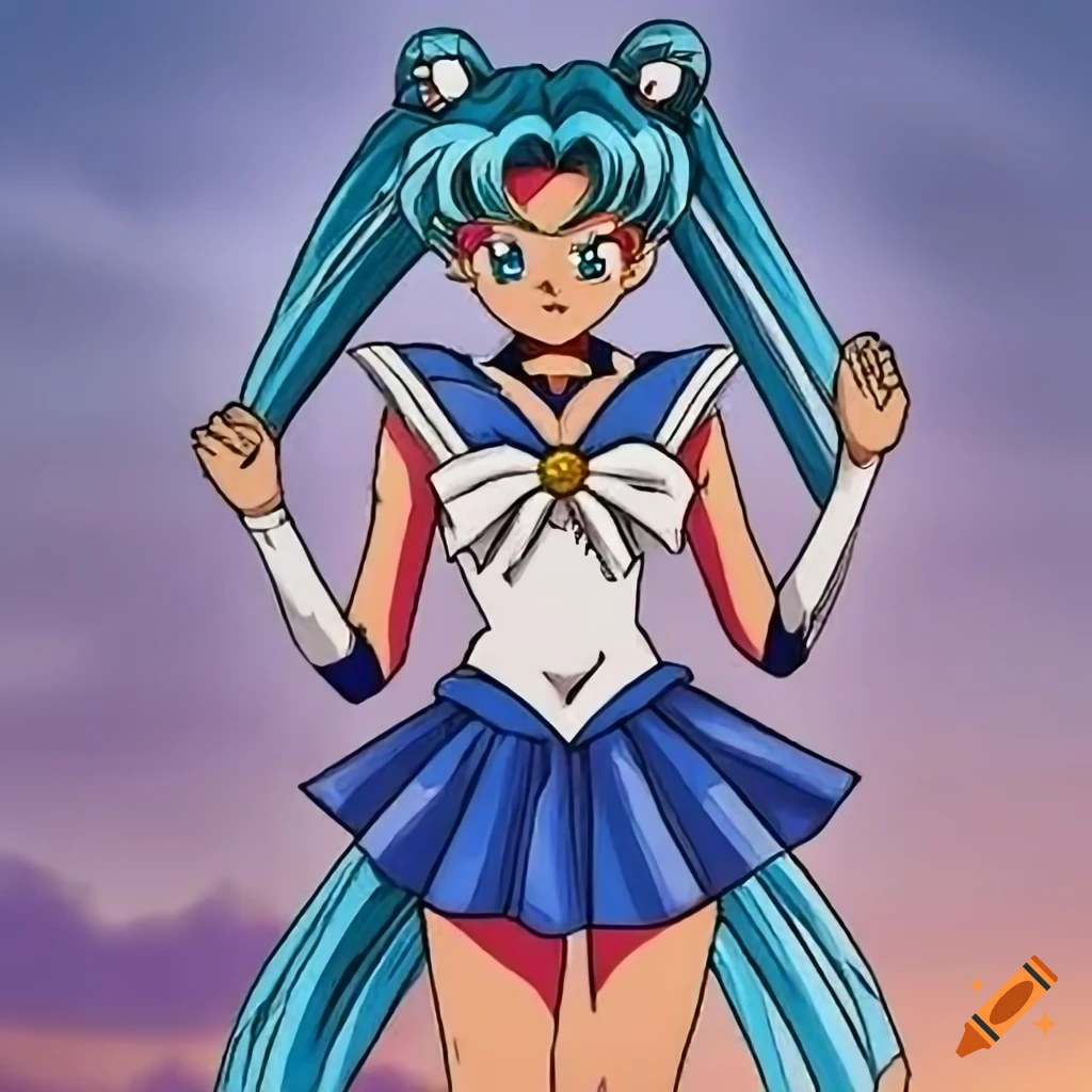 Sailor moon with super saiyan blue hair, 90s artwork