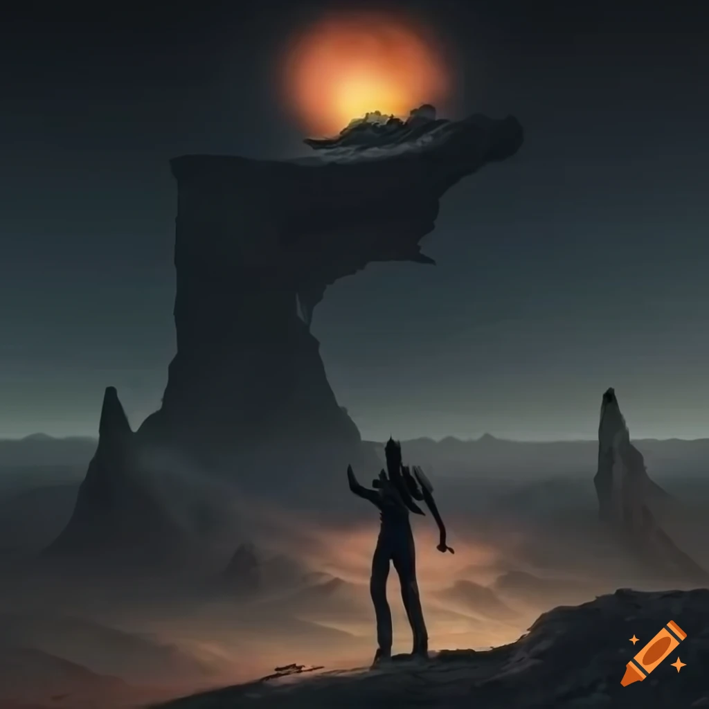 Figure on a cliff gazing at desolate desert landscape with a gargantuan metal structure on the ...