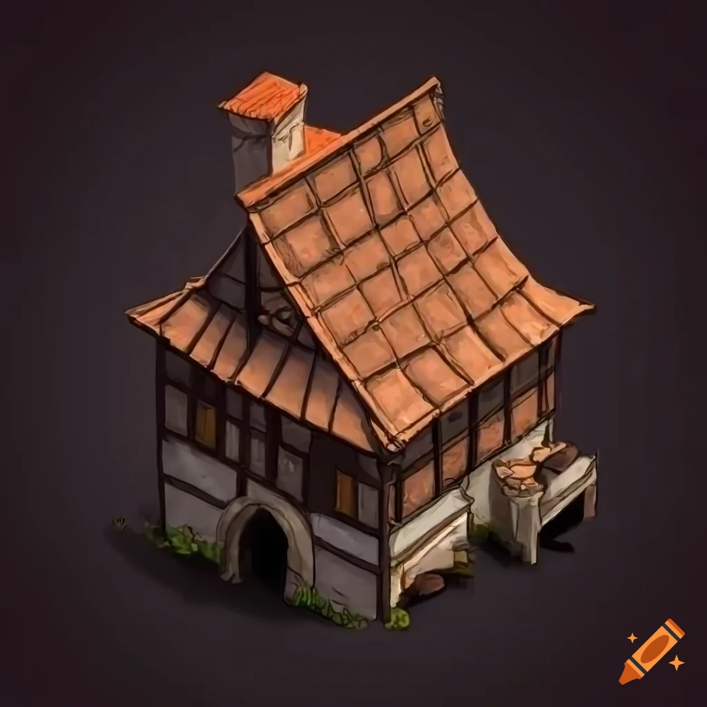 Top-down view of a whole quirky medieval tavern building in shakes and ...