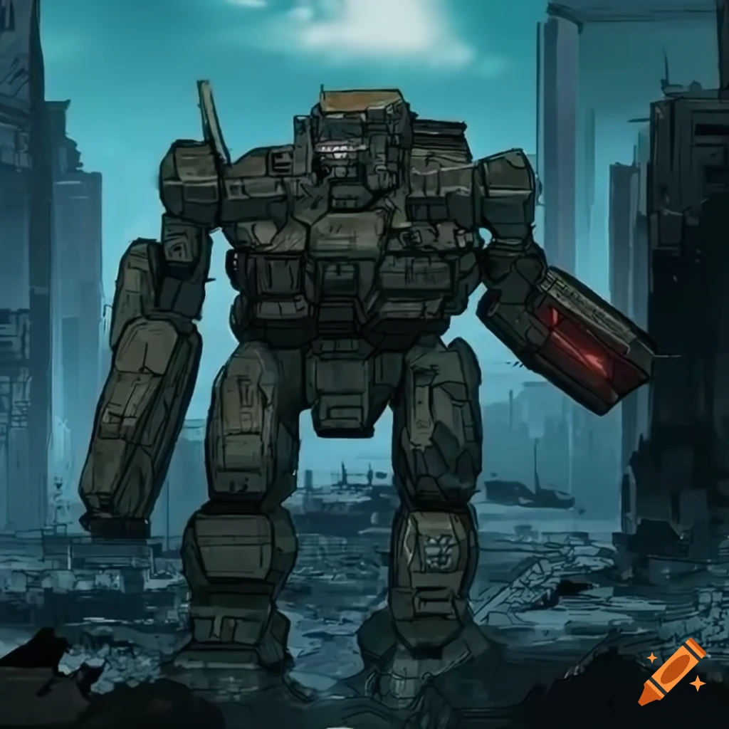 A battletech axman in anime style in a ruined futuristic city