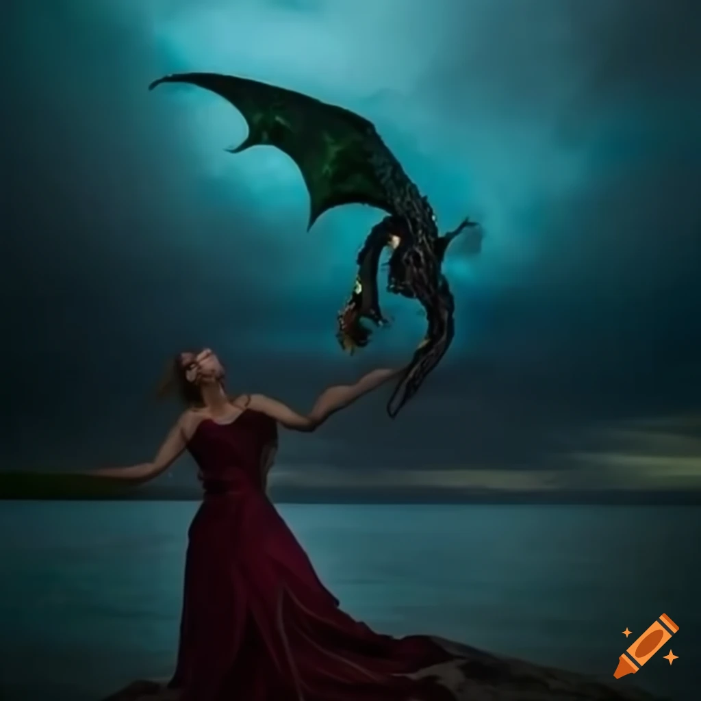A person dancing with a dragon in a tolkien inspired fantasy setting