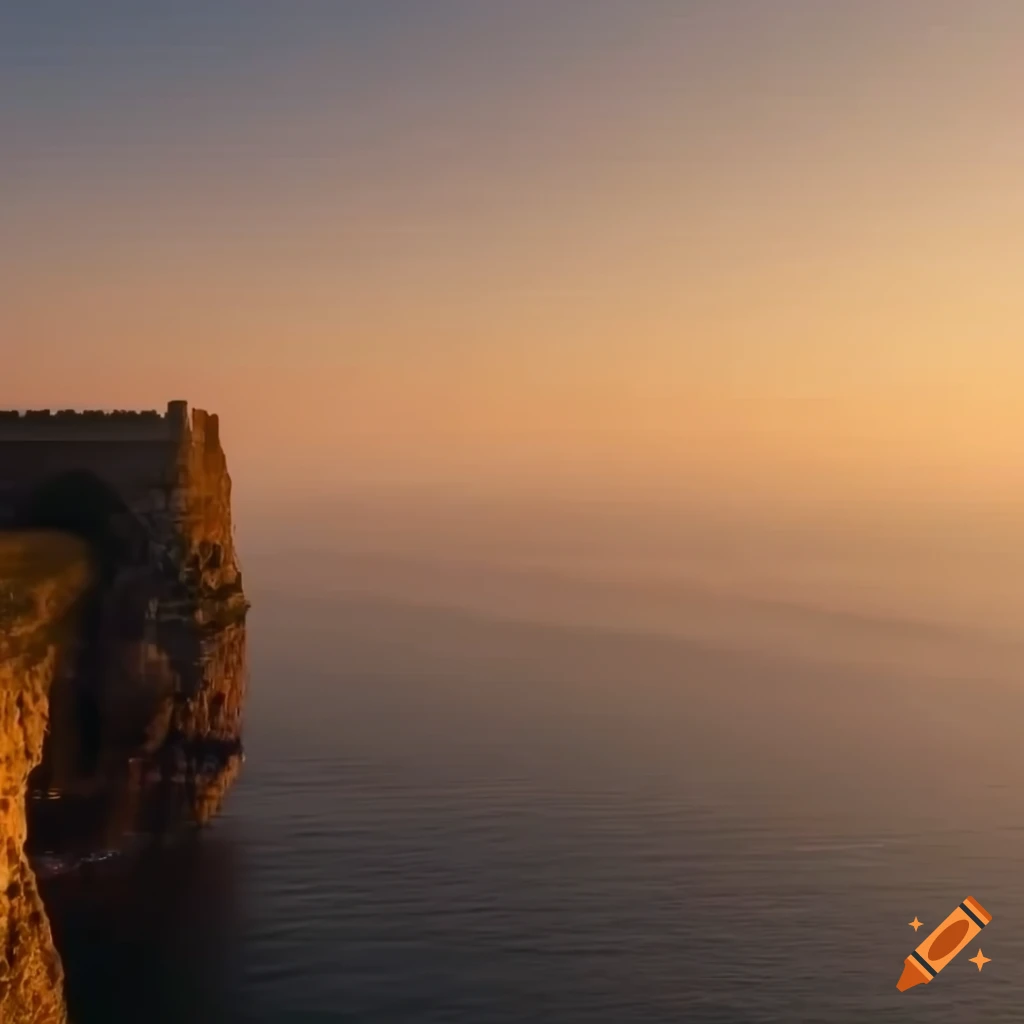 View from the balcony of a castle over cliffs ocean fog morning sunrise ...