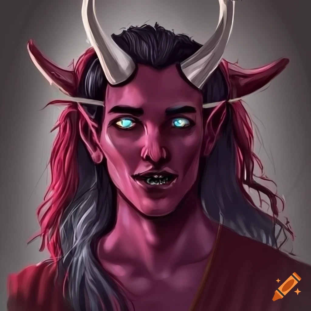 A Male Burgundy Tiefling Bard With Black Hair And Electric Blue Eyes