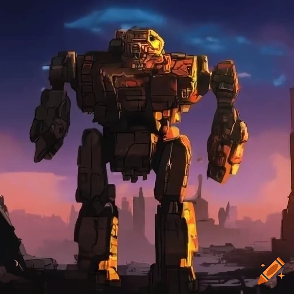 A battletech mauler in anime style in a ruined futuristic city