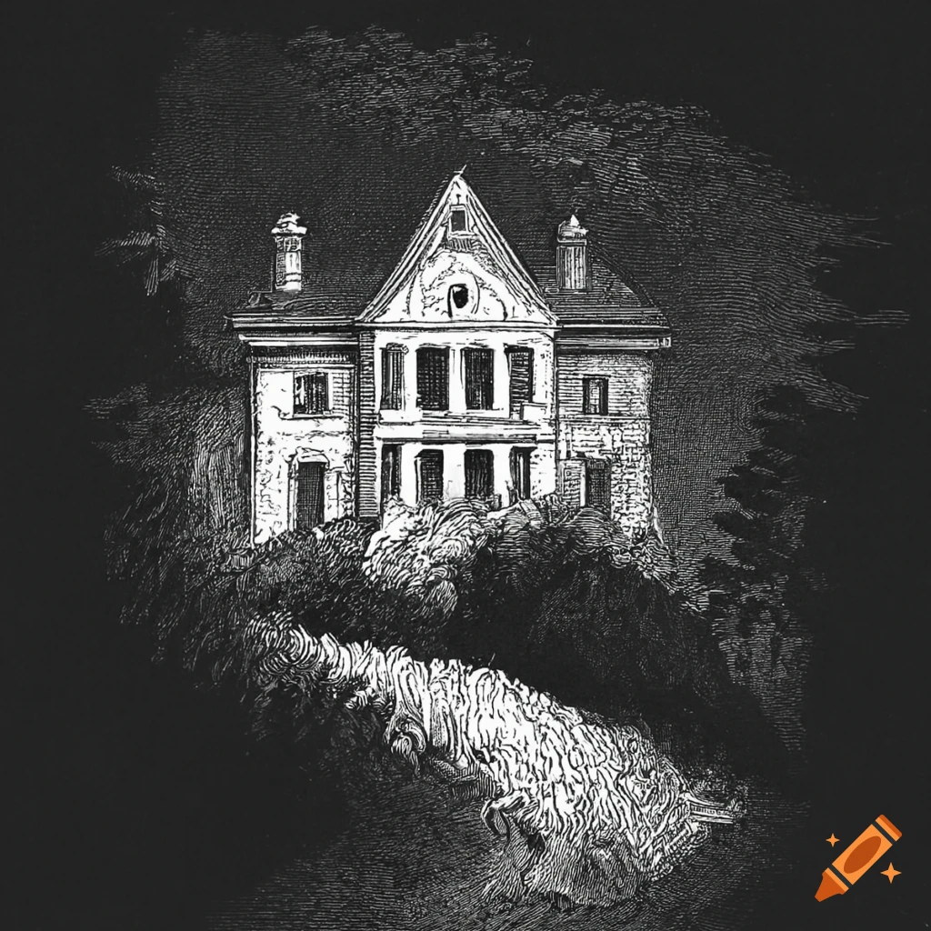 A mansion house on a hill, illustration like gustave doré on Craiyon