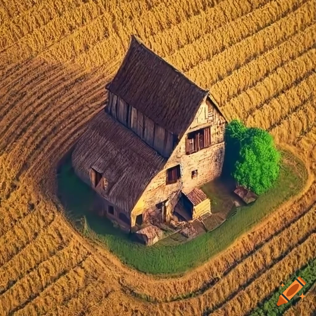 Bird's eye view of a small medieval farm building with flour mill ...