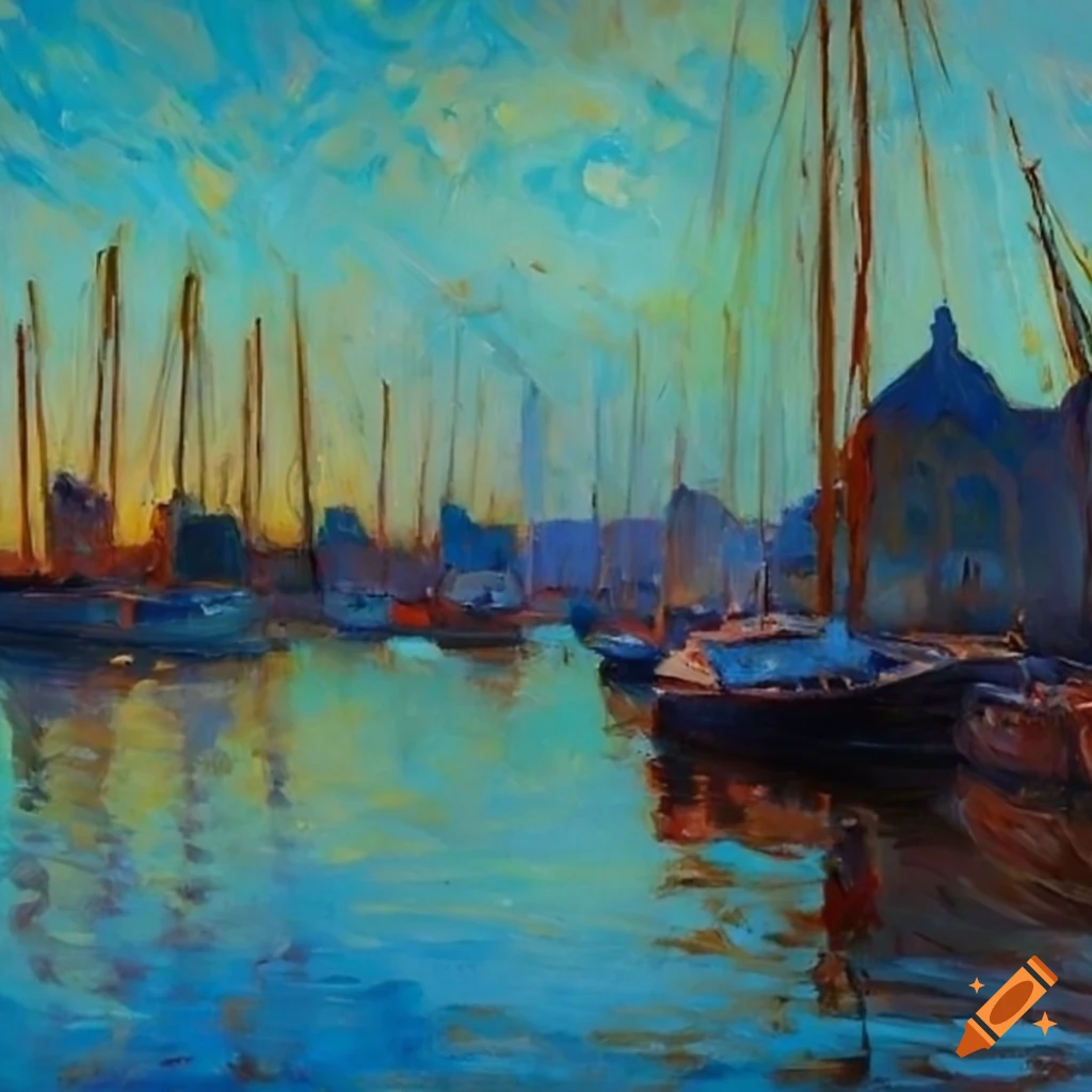 Impressionist painting of a small port in the early morning