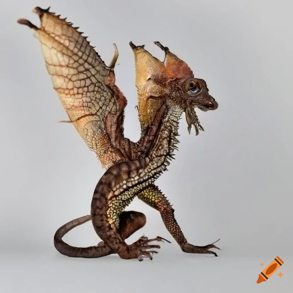 A whimsical small hybrid winged dragon with a mixture of features of both lizard and dragonfly ...